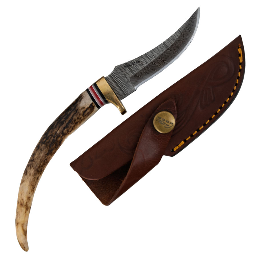 8" Damascus Slim Clip Point Knife w/Sheath & Stag Handle | Crazy Crow