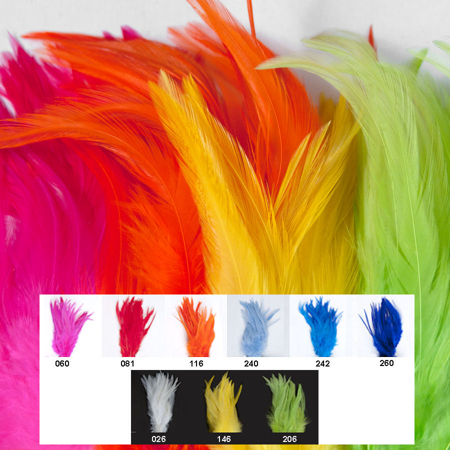Strung Saddle Hackle Feathers, 5-6 inch Light Bright Colors